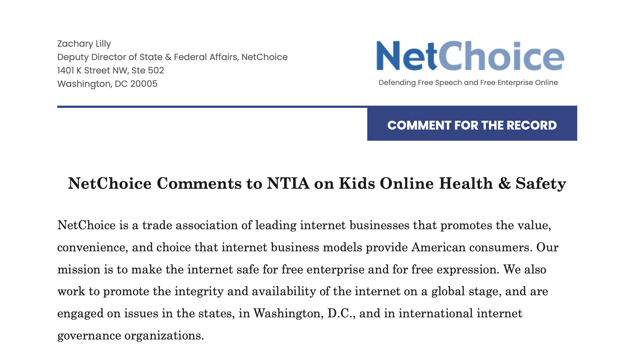 NetChoice Comments to NTIA on Kids Online Health & Safety - NetChoice
